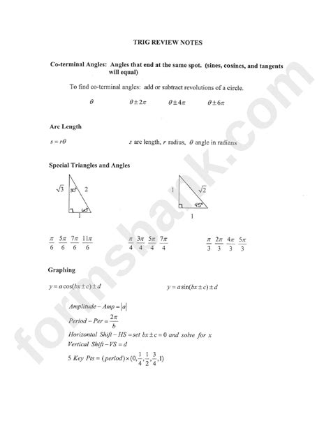Trig Review Notes Printable Pdf Download