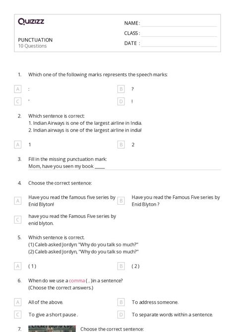 50 Punctuation Worksheets For 5th Class On Quizizz Free And Printable
