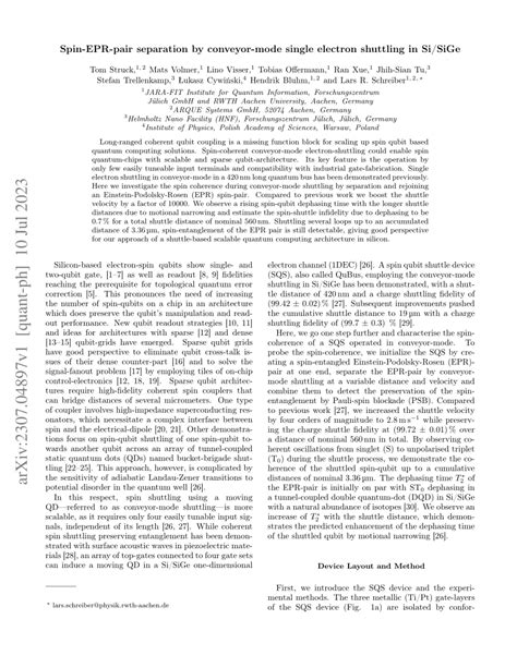 Pdf Spin Epr Pair Separation By Conveyor Mode Single Electron Shuttling In Sisige