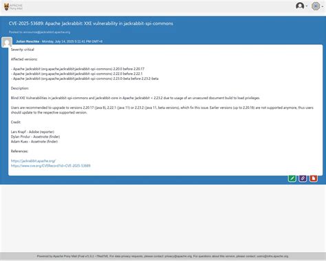 Apache Jackrabbit Xxe Vulnerability In Jackrabbit Spi Commons 漏洞信息cve 2025 53689 By 漏洞平台