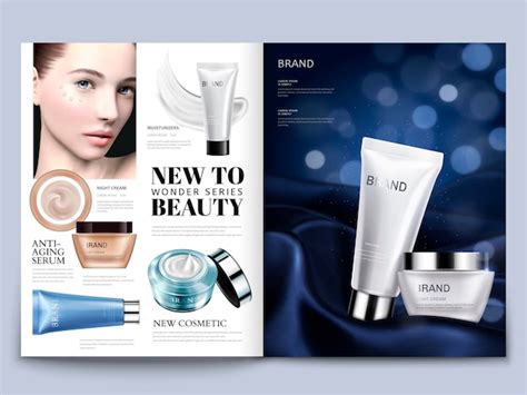 화장품 잡지 디자인 3d 그림의 부드러운 새틴에 스킨케어 세트가 있는 매력적인 모델 보케 배경 프리미엄 벡터