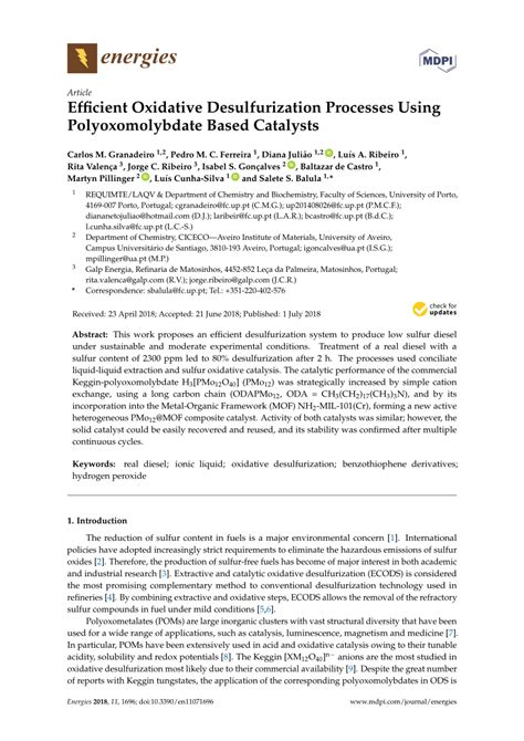 Pdf Efficient Oxidative Desulfurization Processes Using