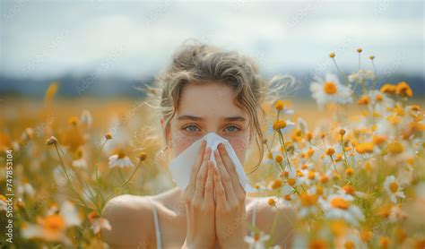Babe Woman With A Symptoms Of A Pollen Allergy Blowing Her Nose In A Blooming Meadow A Sick