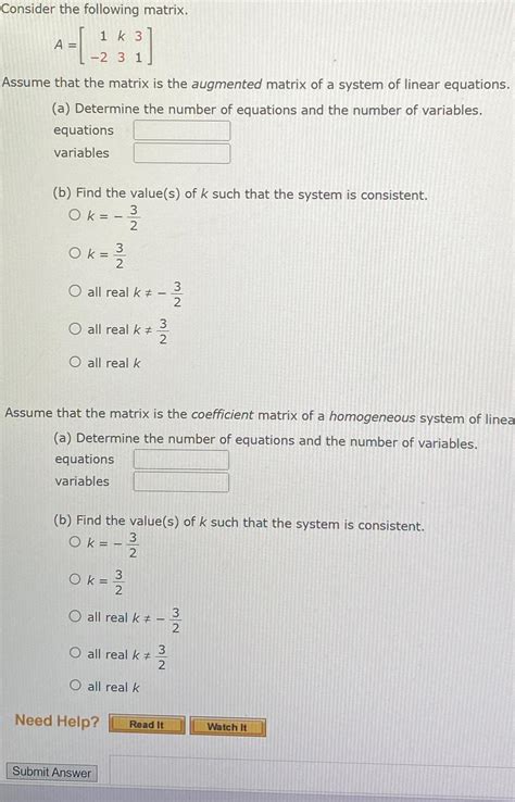 Solved Consider The Following Matrixa 1k3 231 Assume That