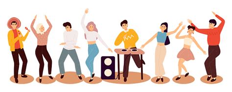 젊은 행복한 춤 사람들 또는 흰색 배경에 고립 된 남성과 여성 댄서의 그룹 댄스 파티를 즐기는 젊은 남성과 여성 미소 플랫 만화
