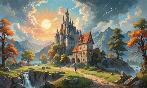 Castle With Waterfall And Man Walking On The Path Stock Illustration