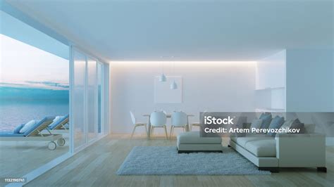 수영장이 있는 빌라의 내부 바다가 내려다 보이는 집 밤 저녁 조명 3d 렌더링 거실에 대한 스톡 사진 및 기타 이미지 거실 실내 황혼 Istock