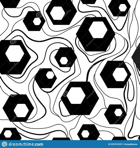 Hexagons With Doodle Wavy Lines Seamless Patternblack And White Vector Backgroundhoneycomb