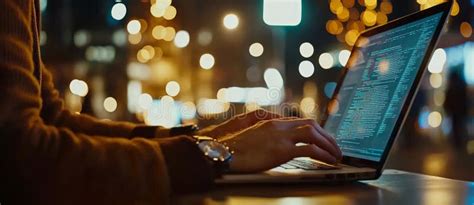 a hacker using a laptop computer to hack office data at night stock