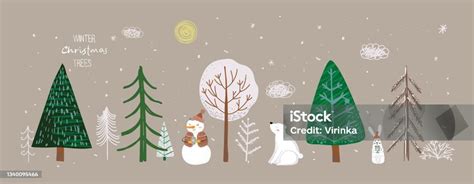 겨울 크리스마스 트리와 태양 눈 눈사람 부시 구름 곰 토끼의 벡터 세트는 자신의 새해와 크리스마스 일러스트 카드를 만들기위한 크리스마스 트리에 대한 스톡 벡터 아트 및 기타