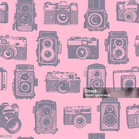 벡터 원활한 그레이 핑크 패턴 손으로 그리는 빈티지 레트로 카메라 개체 그룹에 대한 스톡 벡터 아트 및 기타 이미지 개체 그룹 검은색 골동품 Istock
