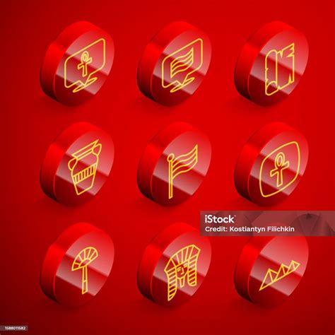 라인 크로스 앙크 이집트 국기 파피루스 두루마리 이집트 꽃병 팬 및 파라오 아이콘을 설정합니다 벡터 3차원 형태에 대한 스톡 벡터 아트 및 기타 이미지 Istock