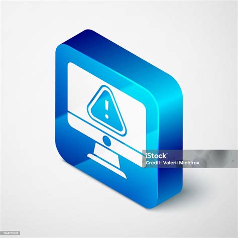 회색 배경에서 느낌표 아이콘이 격리된 등색 컴퓨터 모니터입니다 경고 메시지 스마트 폰 알림 파란색 정사각형 버튼 벡터 3차원