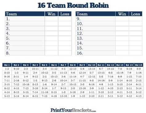 Printable 16 Team Round Robin Tournament Bracket Robin Tournaments Teams