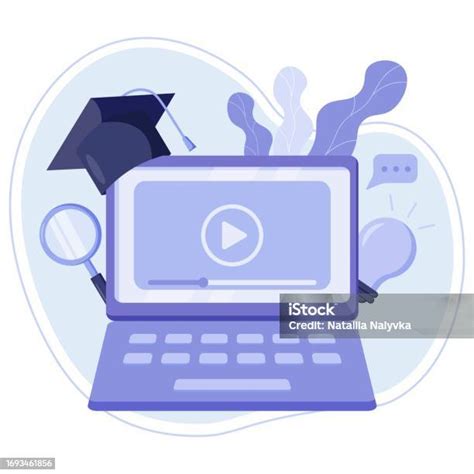 E러닝 과정 웨비나 및 데스크톱의 온라인 교육을 위한 노트북 화면의 온라인 수업 개념 벡터 평면 그림 개념에 대한 스톡 벡터 아트 및 기타 이미지 Istock