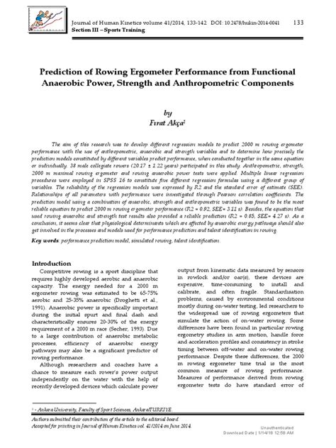 Journal Of Human Kinetics Prediction Of Rowing Ergometer Performance From Functional Anaerobic