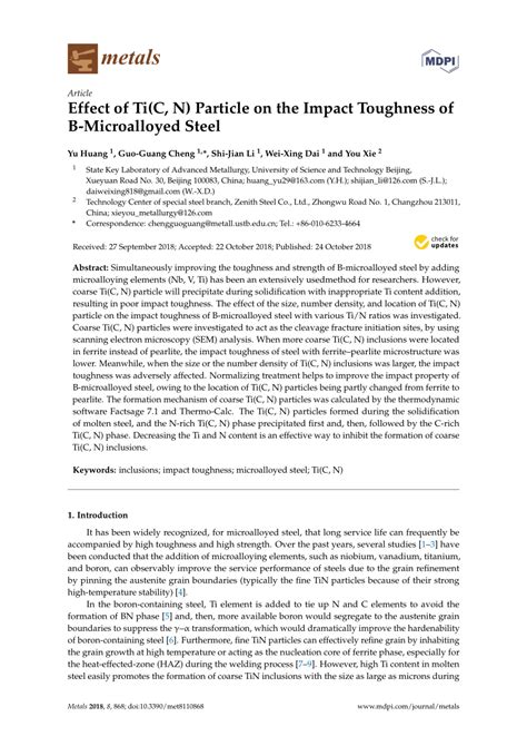 Pdf Effect Of Tic N Particle On The Impact Toughness Of B Microalloyed Steel