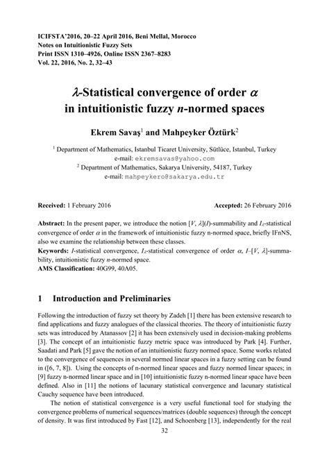 Pdf λ Statistical Convergence Of Order α In Intuitionistic Fuzzy N