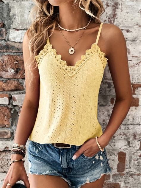 Eyelet Contrast Lace Cami Top Casual V Neck Spaghetti Strap Top For
