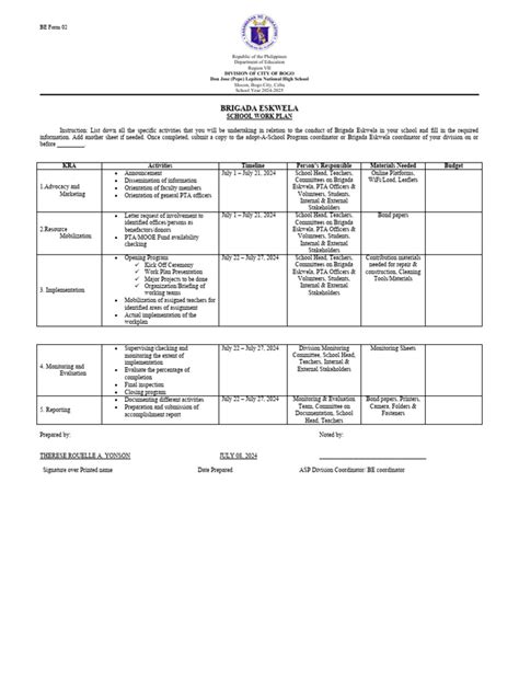 Be Form 2 School Work Plan Pdf