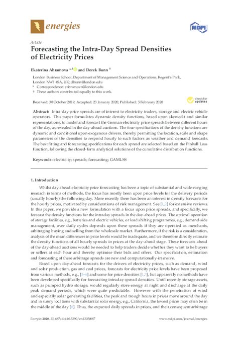 Pdf Forecasting The Intra Day Spread Densities Of Electricity Prices