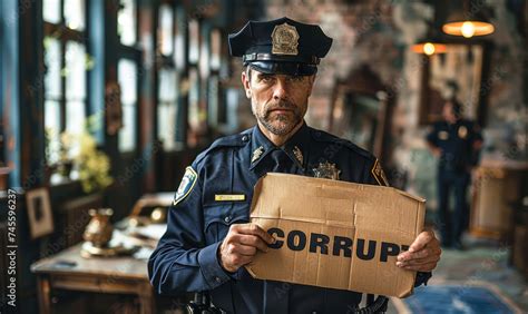 stern faced police officer in uniform symbolically holding a sign