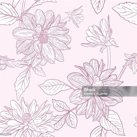 꽃 무음 패턴 꽃에 식물 꽃 잉크 스케치와 가지 달리아 명함 배너 포스터 포장 직물 노트북 초대를 위한 패션 꽃 무늬 그리기에 대한 스톡 벡터 아트 및 기타 이미지 Istock