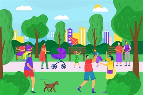 걷는 가족 벡터 일러스트와 여름 공원 만화 도시 공원 자연에서 남자 여성 캐릭터는 야외 산책 커플 와 아이 있다 재미 가족에 대한 스톡 벡터 아트 및 기타 이미지 Istock