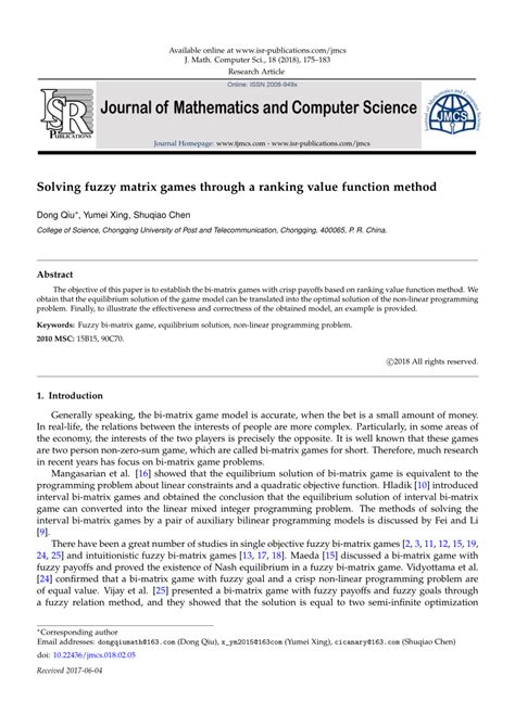 Pdf Solving Fuzzy Matrix Games Through A Ranking Value Function Method