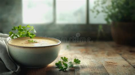 Delicious Parsnip Veloute Bowl With Sprig On Table Perfect For Food