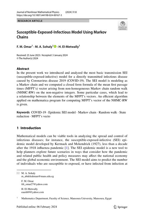 Pdf Susceptible Exposed Infectious Model Using Markov Chains