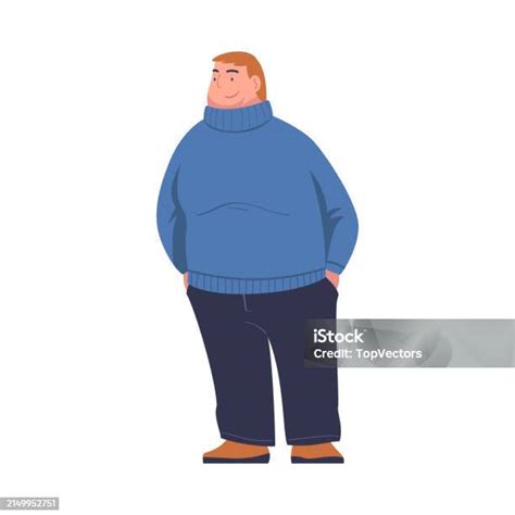 Full 남자 성격 와 통통한 몸 에서 파란 스웨터 서 있는 와 미소 짓는 벡터 삽화 가득 찬에 대한 스톡 벡터 아트 및 기타 이미지 Istock
