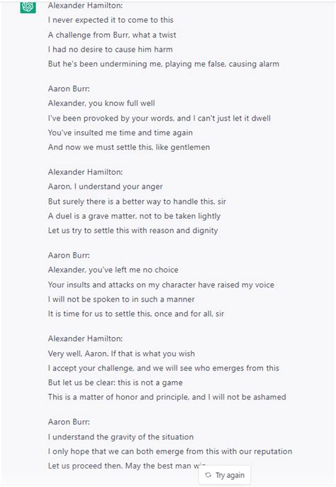 I Asked Chatgpt To Generate The Dialogue Between Burr And Hamilton In