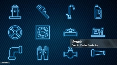 세트 라인 산업 금속 파이프 전기 워터 펌프 수도꼭지 맨홀 하수구 뚜껑 밸브 소화전 및 파이프 조정 가능한 렌치 아이콘 벡터 강철에 대한 스톡 벡터 아트 및 기타 이미지