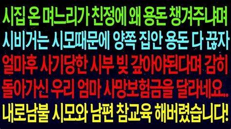 사연열차시집 온 며느리가 친정에 왜 용돈 챙겨주냐며 시비거는 시모때문에 양쪽 집안 용돈 다 끊자얼마후 돌아가신 엄마 사망보험금을 달라는데 참교육 해버렸습니다실화사연