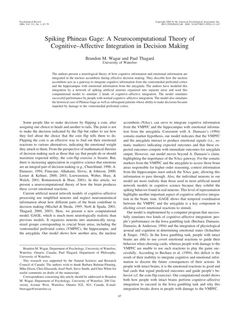 Pdf Spiking Phineas Gage A Neurocomputational Theory Of Cognitive Affective Integration In
