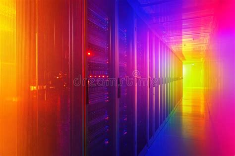 Vibrant Data Center Corridor Showcasing Modern Technology And Network Architecture Stock