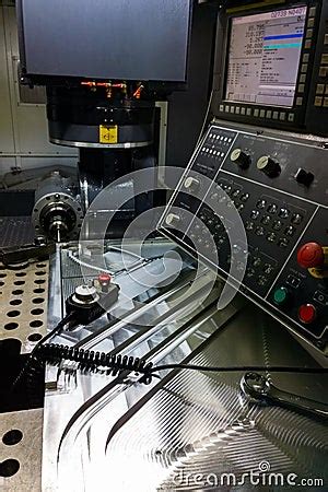 Measuring Process With Ruby Touch Probe On Large CNC Milling Machine In Jog Mode Stock Photo