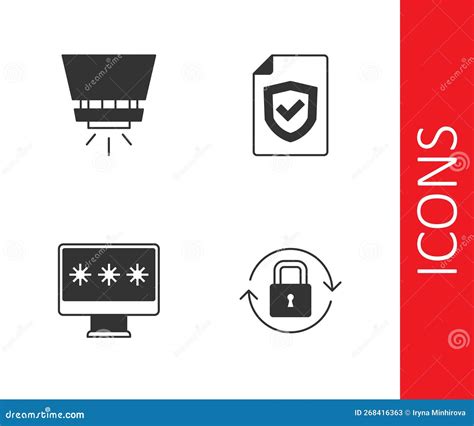 Set Lock Fire Sprinkler System Monitor With Password And Contract Shield Icon Vector Stock