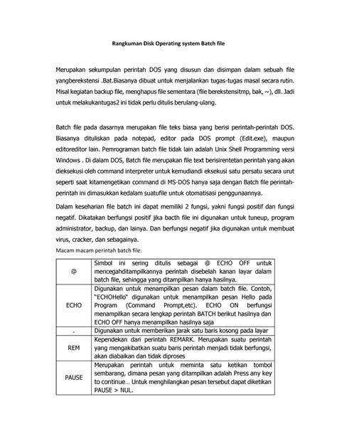 Rangkuman DOS Batch File Rangkuman Disk Operating System Batch File Merupakan Sekumpulan
