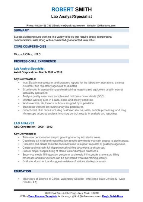 Lab Analyst Resume Samples QwikResume