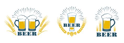 맥주 로고 아이콘 라벨 세트 맥주 머그잔 또는 유리가있는 양조장 펍 또는 바 엠블럼 디자인 템플릿 빈티지 알코올 음료 배지 벡터