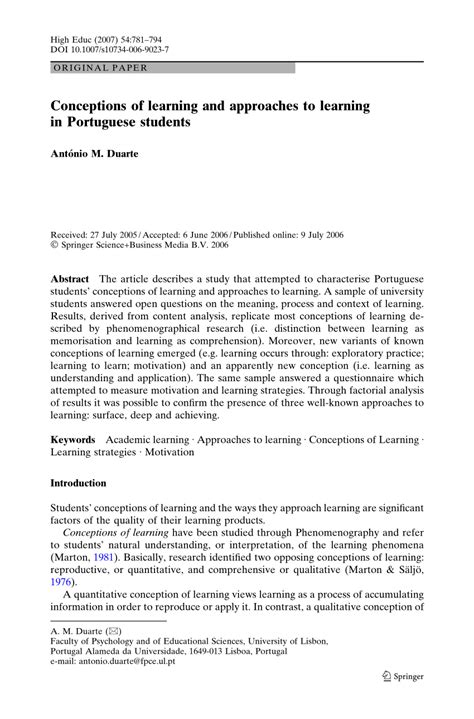 Pdf Conceptions Of Learning And Approaches To Learning In Portuguese