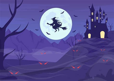 Flying Witch On Broomstick Flat Color Vector Illustration Full Moon Magic Scary Aesthetic For