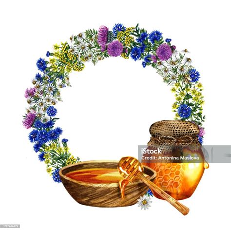 유리병에 담긴 꿀과 야생화 화환을 배경으로 꿀을 담는 숟가락이 달린 나무 컵 손으로 그린 수채화 그림입니다 포장 및 라벨 엽서 및 전단지용 0명에 대한 스톡 벡터 아트 및