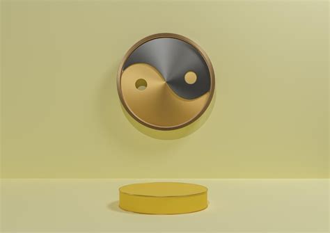 밝은 노란색 3d 제품 디스플레이 배경 최소한의 금속 음과 양 기호 연단 황금 라인 프리미엄 사진