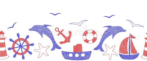 Seamless Pattern Border With Hand Drawn Anchor Dolphin Ship