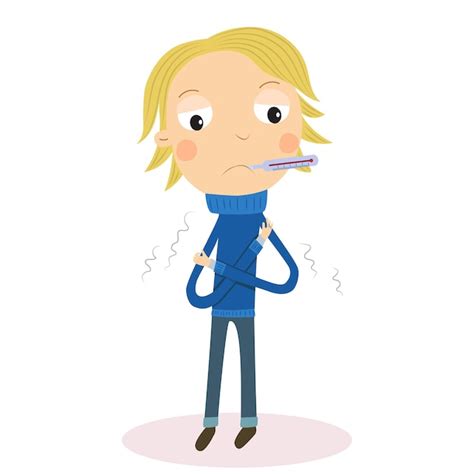 Premium Vector Blonde Boy With Flu Having A Cold With Thermometer In His Mouth Vector Illustration