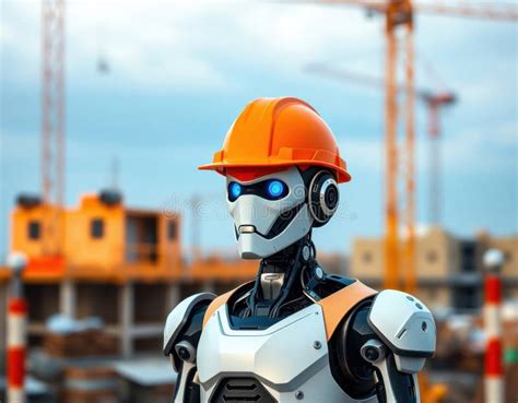 Robot Construction Worker Wears Orange Hard Hat On Construction Site