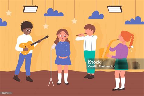 악기를 가진 아이들은 학교 콘서트 또는 파티에서 어쿠스틱 음악을 연주합니다 아이에 대한 스톡 벡터 아트 및 기타 이미지 아이